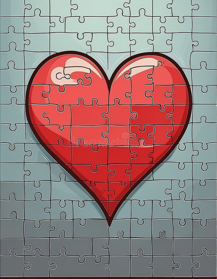 Hand Drawn Heart in a Puzzle. Drawing of Red Heart on Puzzles, One ...