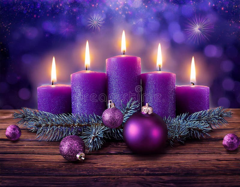 Advent - Four Purple Candles with Christmas Ornament in Shiny Night ...