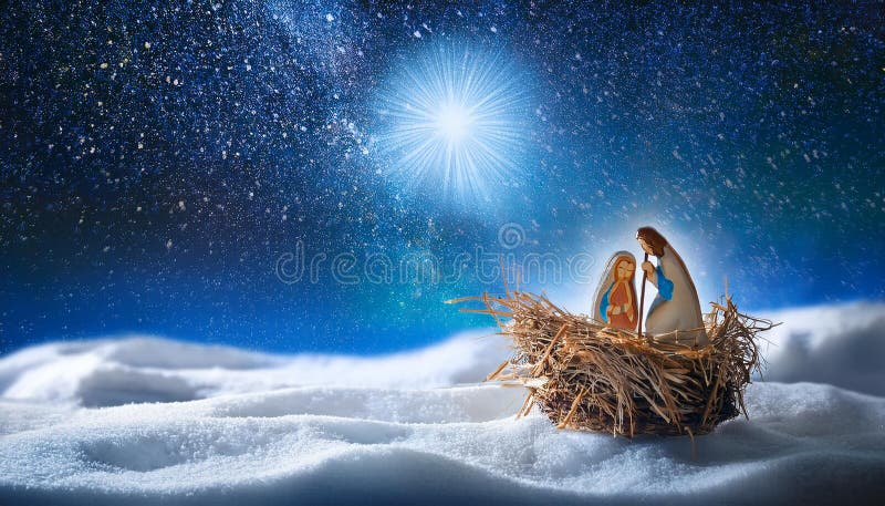 Nativity Scene - Birth of Jesus Christ with Manger in Snowy Night and ...