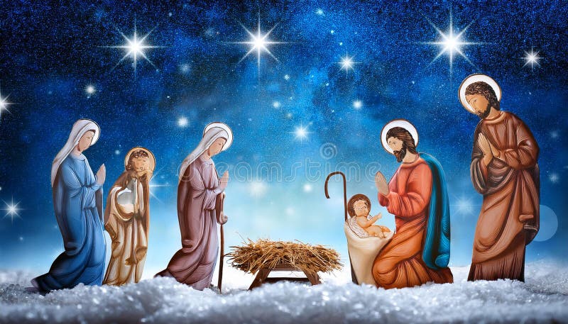 Nativity Scene - Birth of Jesus Christ with Manger in Snowy Night and ...