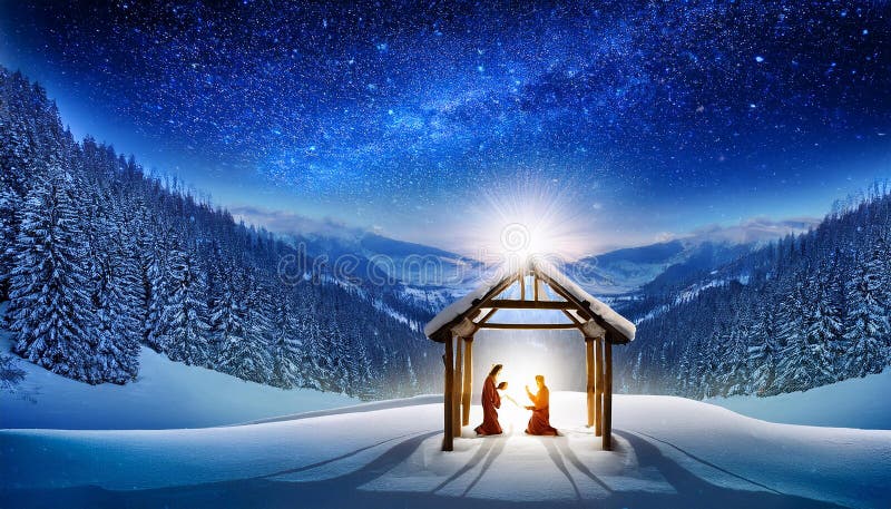 Nativity Scene - Birth of Jesus Christ with Manger in Snowy Night and ...