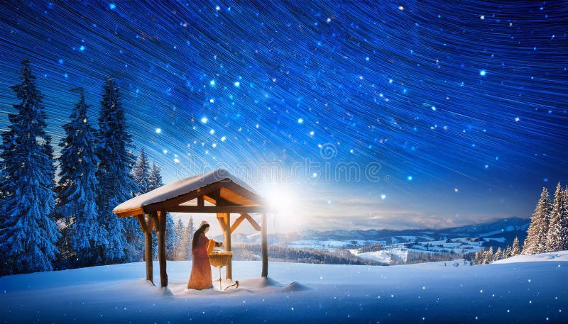 Nativity Scene - Birth of Jesus Christ with Manger in Snowy Night and ...