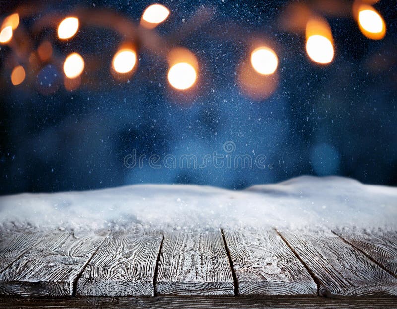 Winter Background - Snowy Table with Christmas Lights in the Night ...