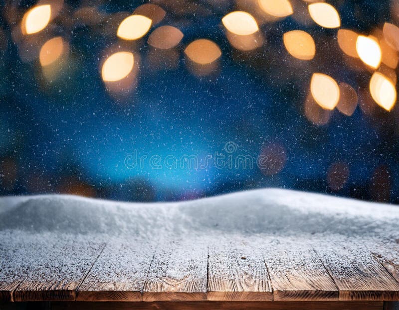 Winter Background - Snowy Table with Christmas Lights in the Night ...