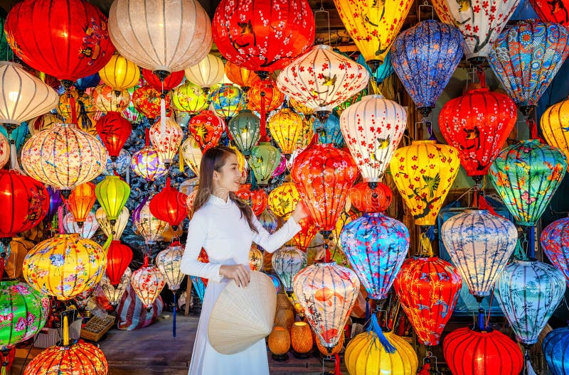 Asian Woman in Vietnamese National Costume and Vietnamese Paper ...