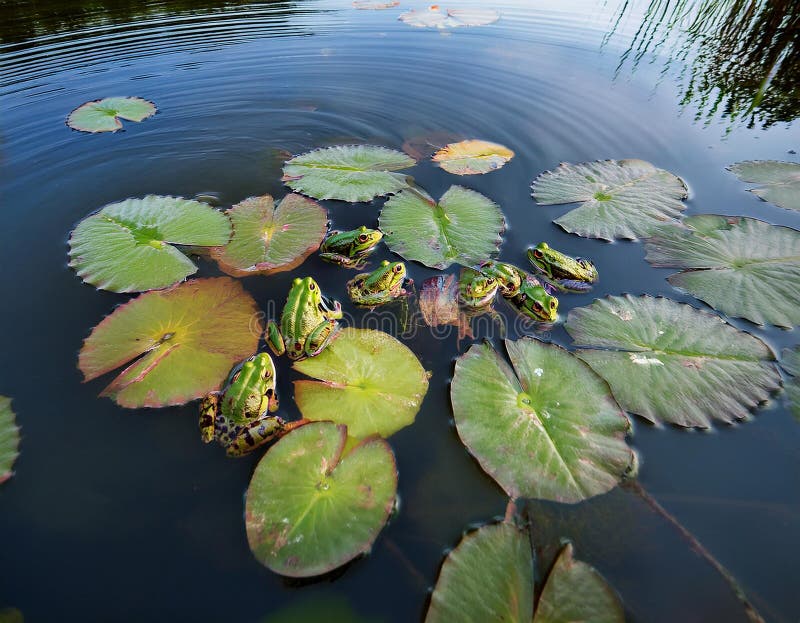 Vibrant Green Frogs on Lily Pads in Serene Pond Stock Illustration ...