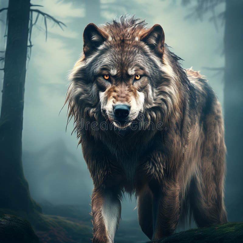 Fotorealistisch Giant Sabertooth Wolf in Foggy Forest Background. Stock ...