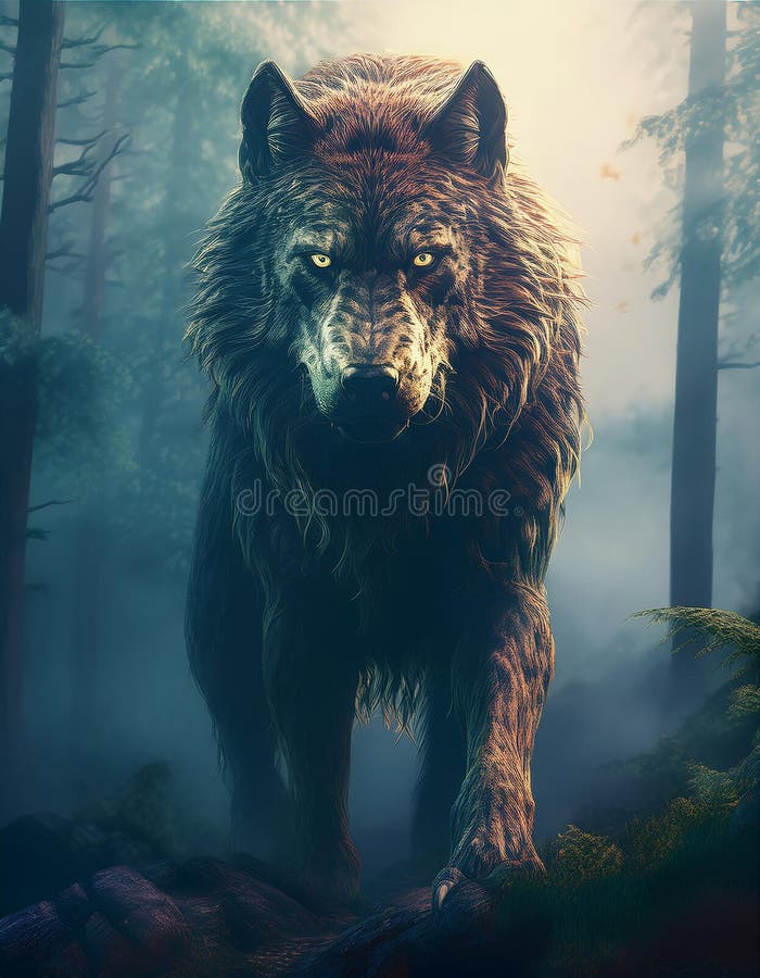 Fotorealistisch Giant Sabertooth Wolf in Foggy Forest Background. Stock ...
