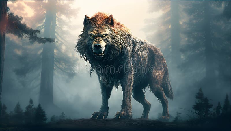 Fotorealistisch Giant Sabertooth Wolf in Foggy Forest Background. Stock ...