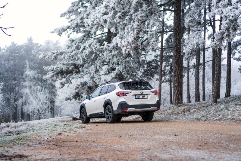 White Subaru Outback SUV in Winter Forest Editorial Stock Photo - Image ...