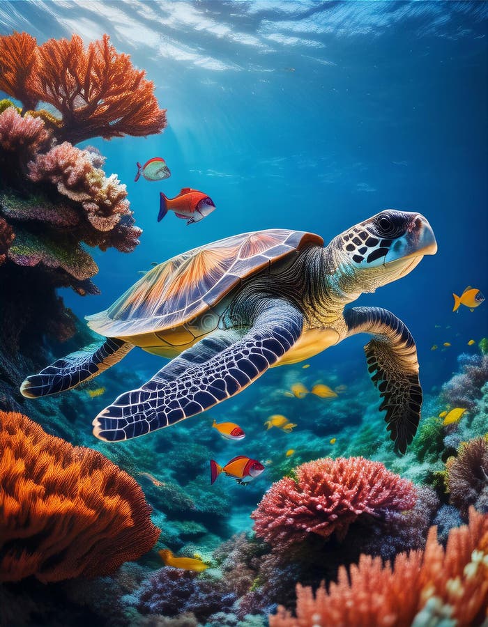 A Turtle Swimming among Colorful Coral Reefs and Fish in the Ocean ...