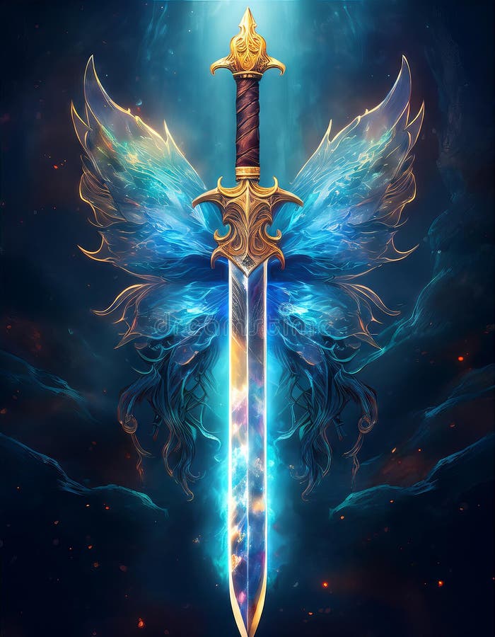 Fantasy Fantasy Sword with Wings and Fire on a Dark Blue Background ...