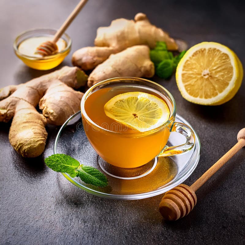 Lemon and Ginger Tea with Honey. Cup of Hot Honey Lemon Tea with Fresh Ginger Root Stock ...
