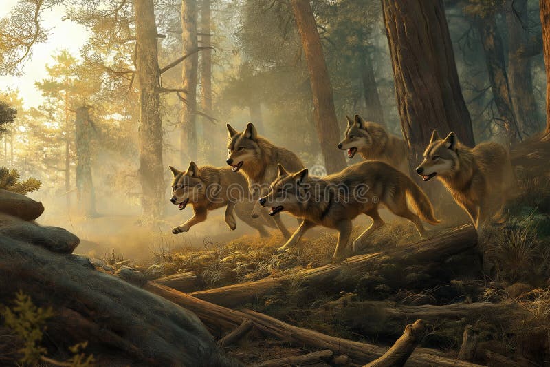 Wolf Pack Hunting in Forest: Tense Chase Scene in Nature Stock ...