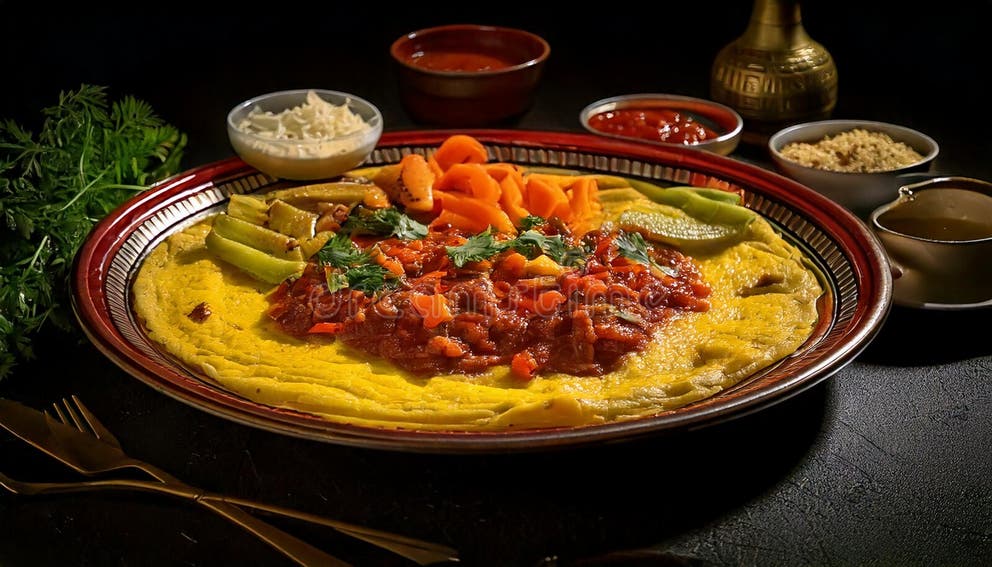 Generated Image Traditional Ethiopian Injera Platter with Colorful ...