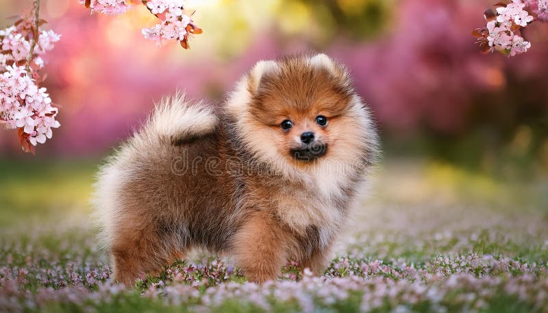 Cute Miniature Spitz Puppy Posing in the Park with Blooming Flowers ...