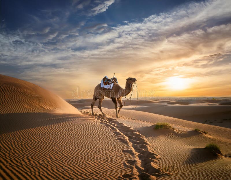 Highly Detailed Camel on the Pathway To Sand Dunes at Sunset Stock ...