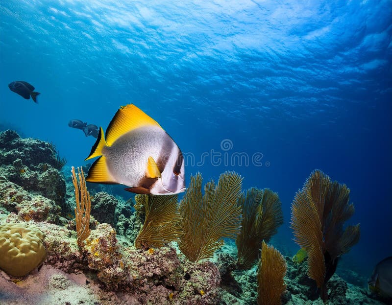Batfish with Yellow Fins Feeding on a Tropical Coral Reef Stock ...