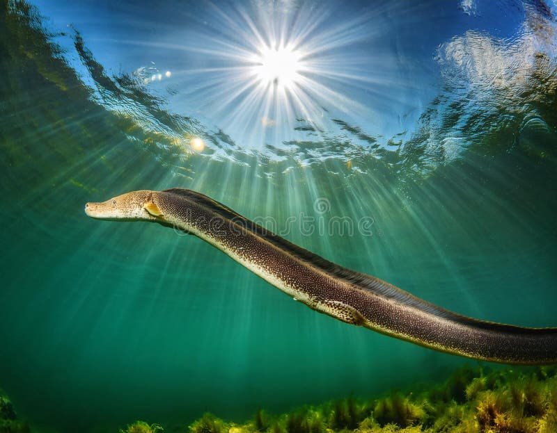 Electric Eel Swimming with Sun Rays through the Water Surface Stock ...
