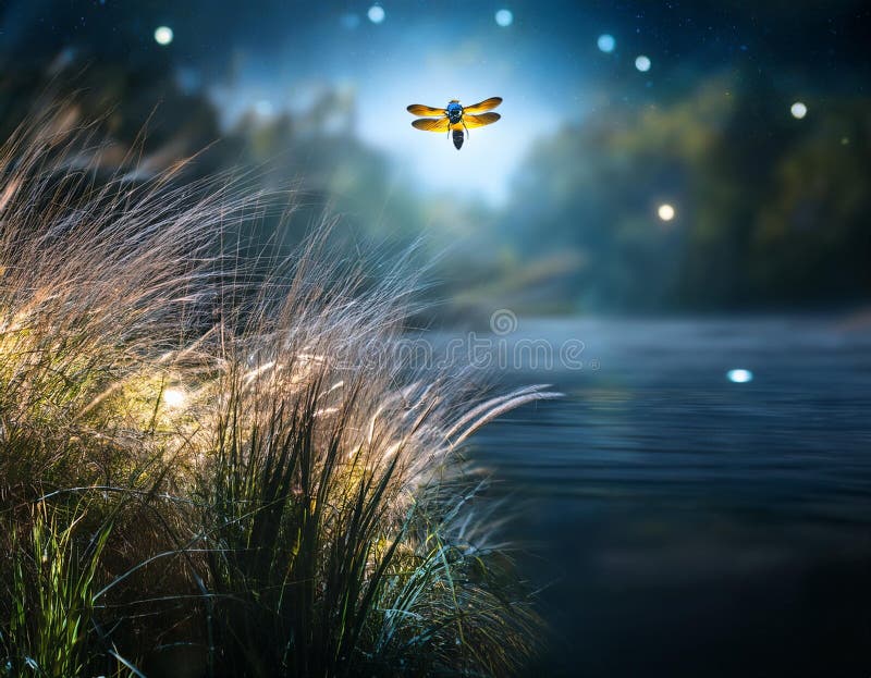 Firefly Flying Above Water with Dry Grass in Foreground Stock ...