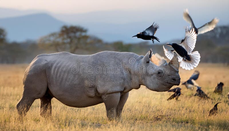 Black Rhinoceros (Diceros Bicornis) Being Mobbed by Pied Crow (Corvus ...