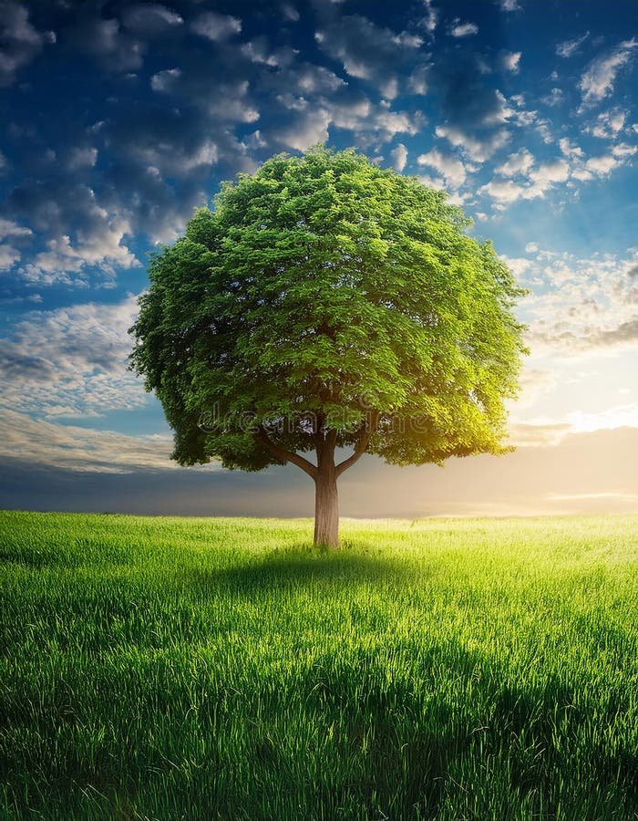 Green Tree. Alone Tree and Beautiful Sky with Clouds - 3d Landscape ...