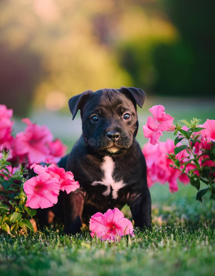 Black Staffordshire Terrier Puppy Posing with Petunia Flowers on Grass ...