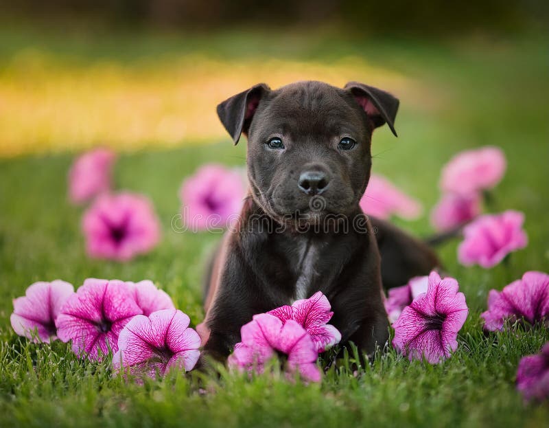 Black Staffordshire Terrier Puppy Posing with Petunia Flowers on Grass ...