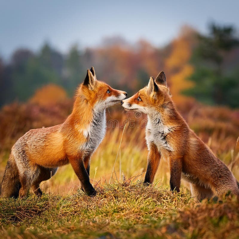 Two Young Red Foxes Greeting Each Other in an Autumn Meadow Stock ...