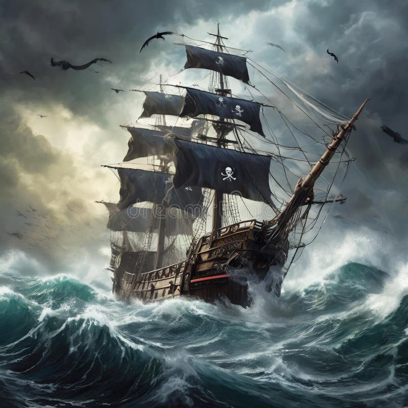 Painting of a Pirate Ship Sailing in a Stormy Sea with the Jolly Roger ...
