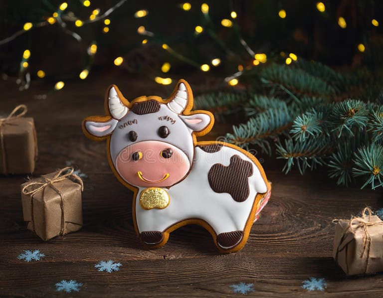 Cute Cow Gingerbread Cookie on Dark Wooden Background, Christmas Treat ...