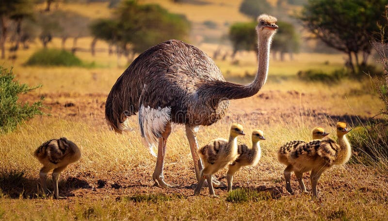 Ostrich with Chicks. Female Ostrich Stock Illustration - Illustration ...