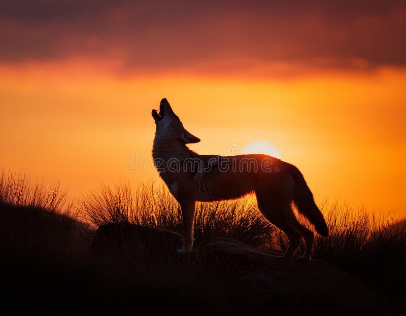 Silhouette of Coyote Howling at the Moon, Made with Generative AI Stock ...