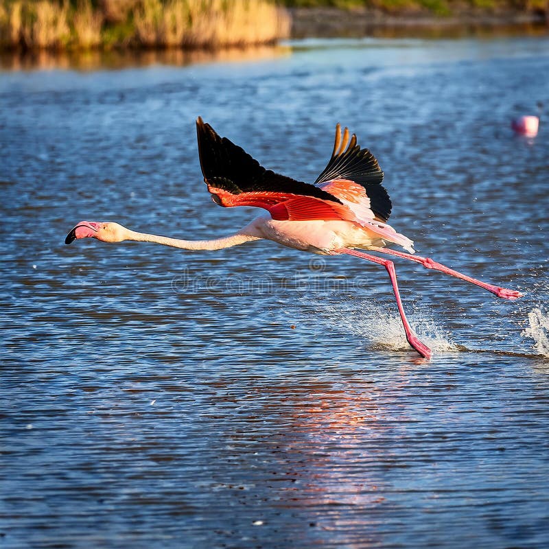 A Greater Flamingo Running for Take Off, Sunny Morning in Springtime Stock Illustration ...