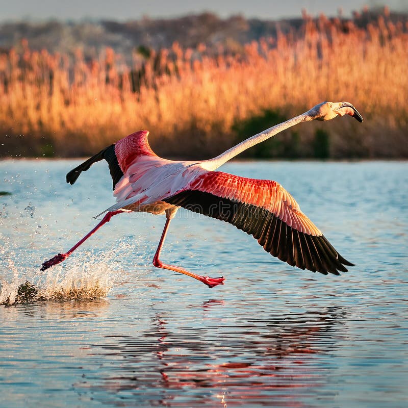 A Greater Flamingo Running for Take Off, Sunny Morning in Springtime ...