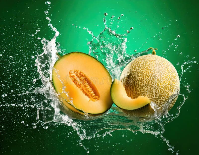 Melon Slices Water Splash Isolated Vivid Green Background Stock Photos ...