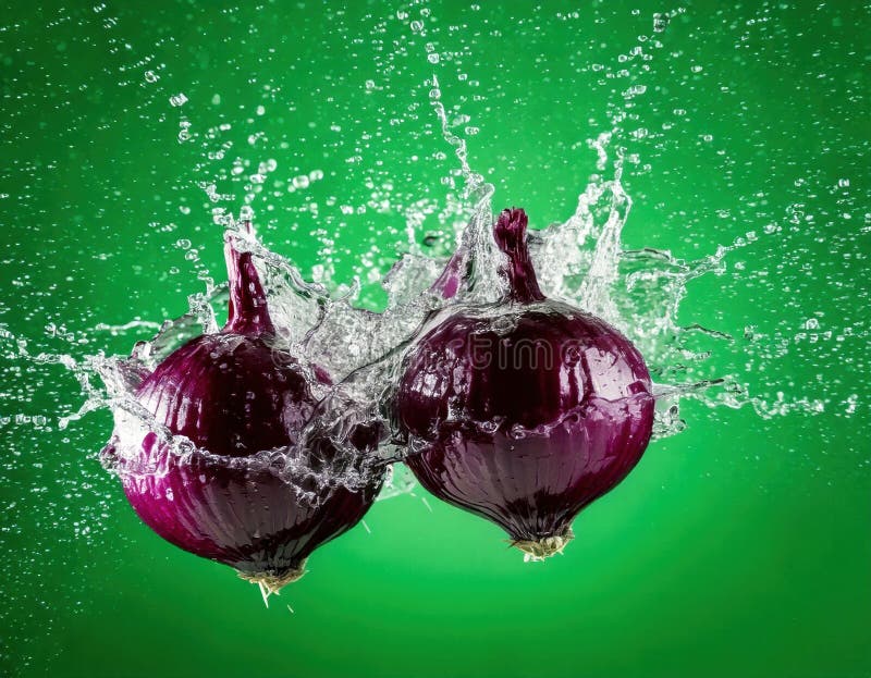 Red Onions Water Splash Isolated Vivid Green Background Stock Photos ...
