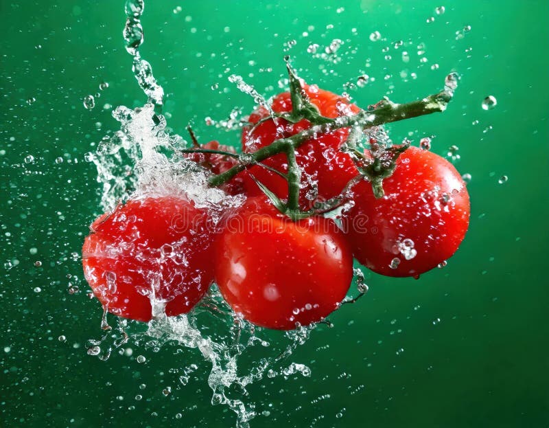 Cherry Tomatoes Branch Water Splash Isolated Vivid Green Background ...