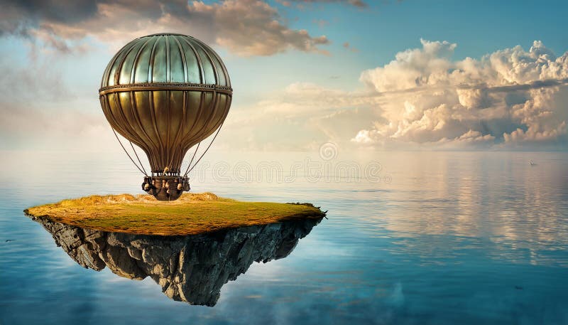 Fantasy Steampunk Floating Island Balloon. Steampunk Hot Air Balloon ...