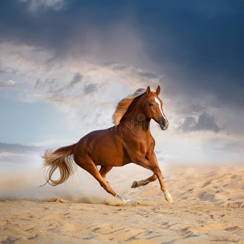 Red Horse Run in Desert. Beautiful Red Horse Run Fast in Sand Against ...