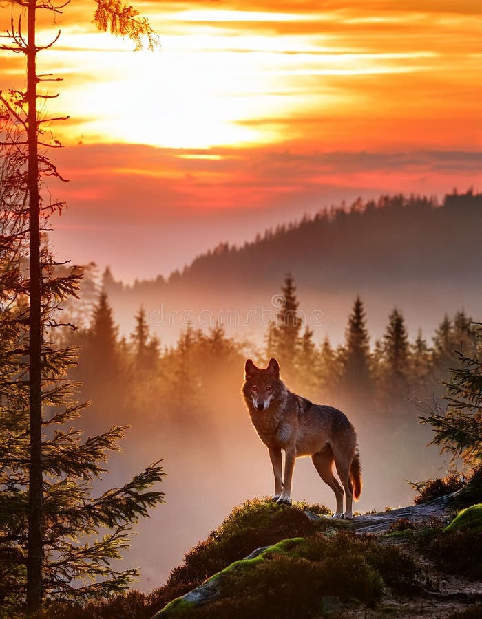 Wolf Sunrise. European Wolf in Bavarian National Park Forest Stock ...