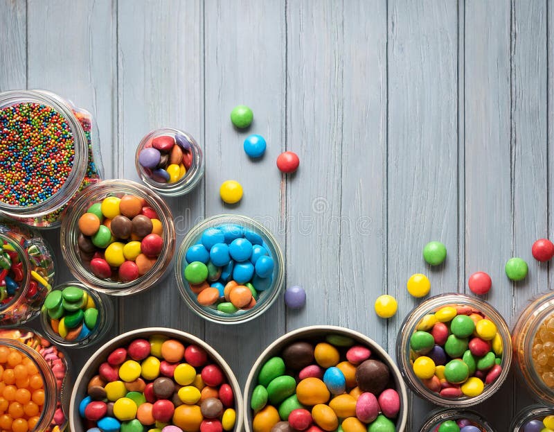 Different Colored Round Candy in Bowl and Jars. Stock Illustration ...