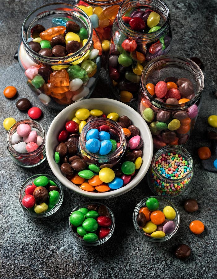 Different Colored Round Candy in Bowl and Jars. Stock Illustration ...