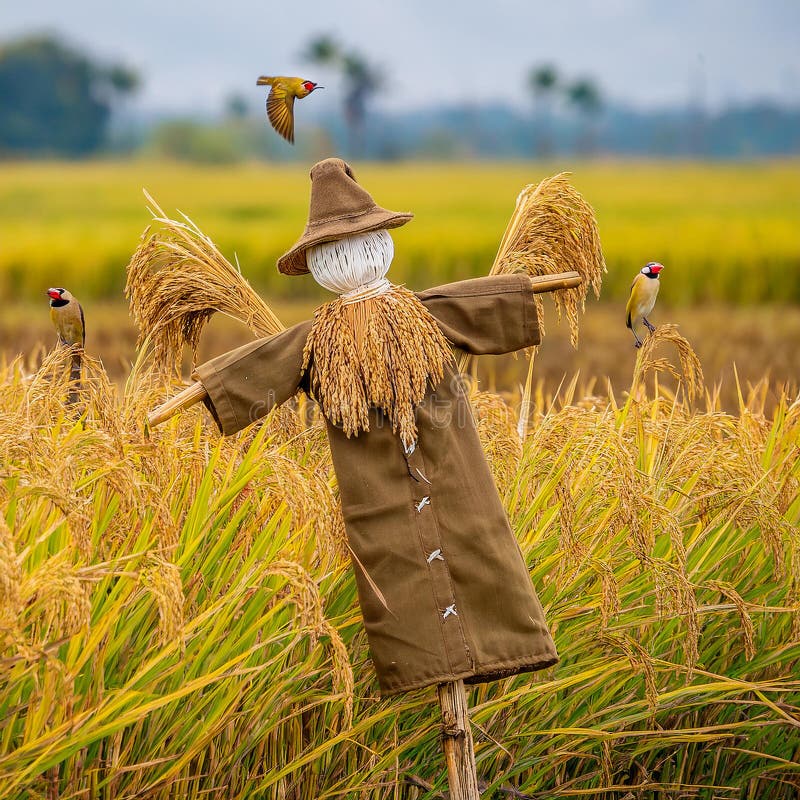 Autumn Rice Field Landscape with Ears of Rice Ripening, Scarecrow and Sparrow. Stock ...