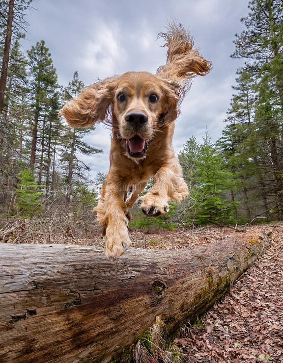 Golden Tan and White Working Cocker Spaniel Jumping Over a Fallen Tree ...