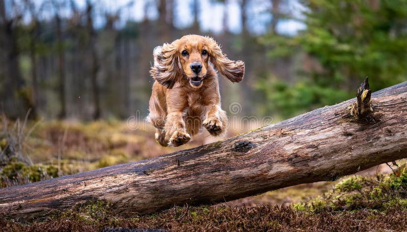 Golden Tan and White Working Cocker Spaniel Jumping Over a Fallen Tree ...