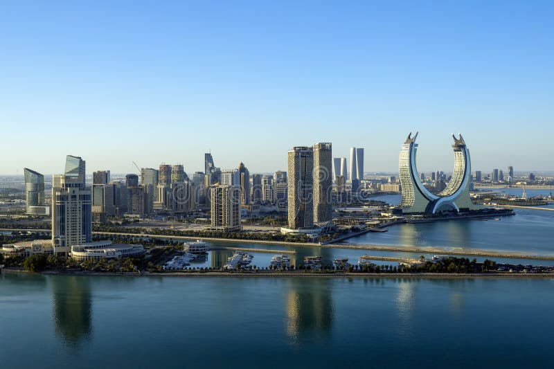 Katara Buildings View from Lusail Marina Park. Crescent Tower Fairmont ...