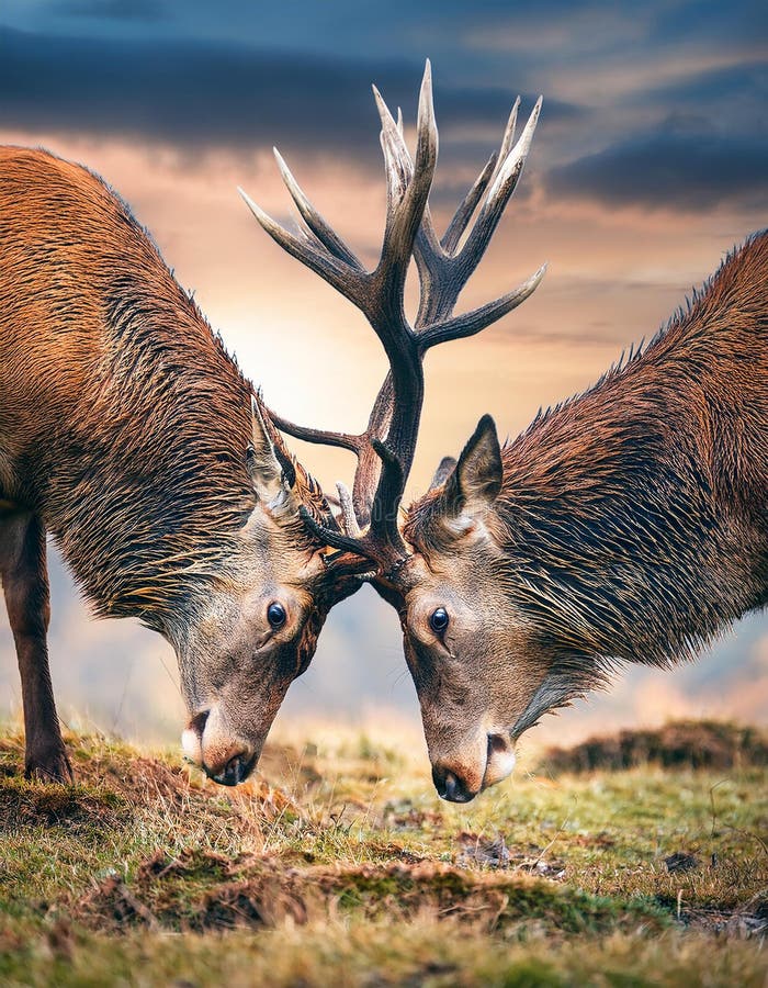 Two Red Deer Stag Stuck in Duel with Antlers Clenching Each Other ...