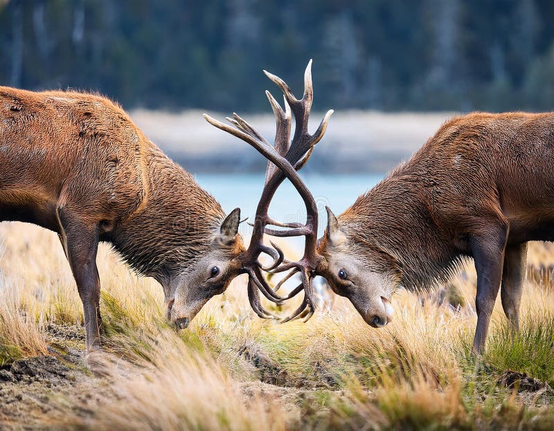 Two Red Deer Stag Stuck in Duel with Antlers Clenching Each Other ...