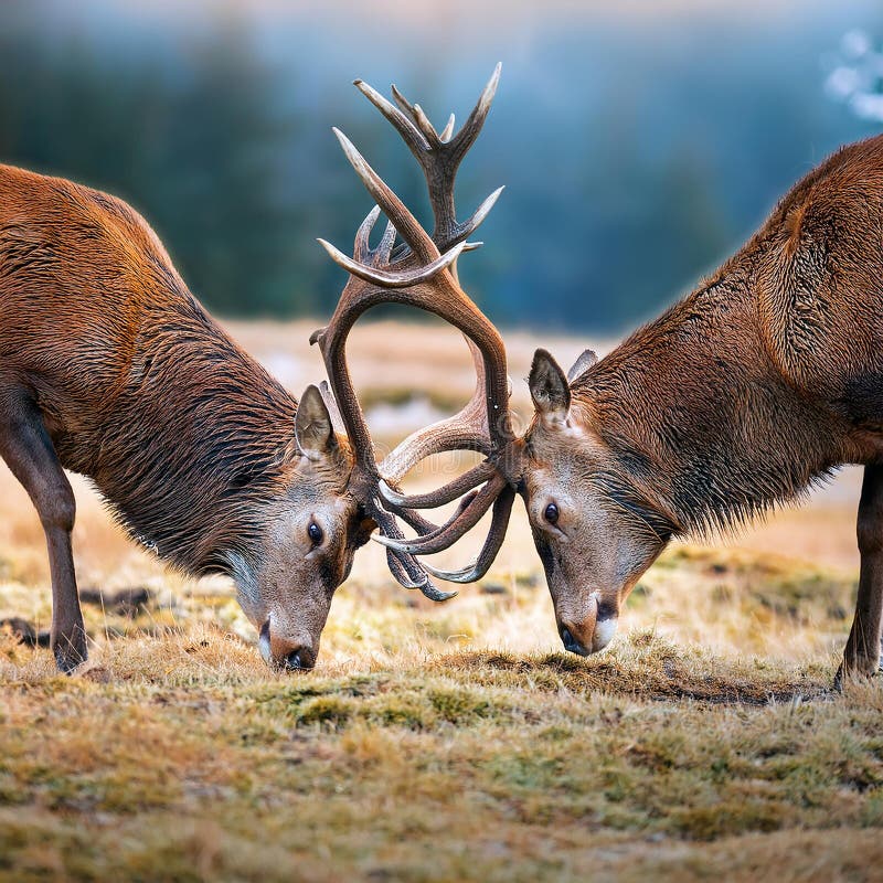 Two Red Deer Stag Stuck in Duel with Antlers Clenching Each Other ...